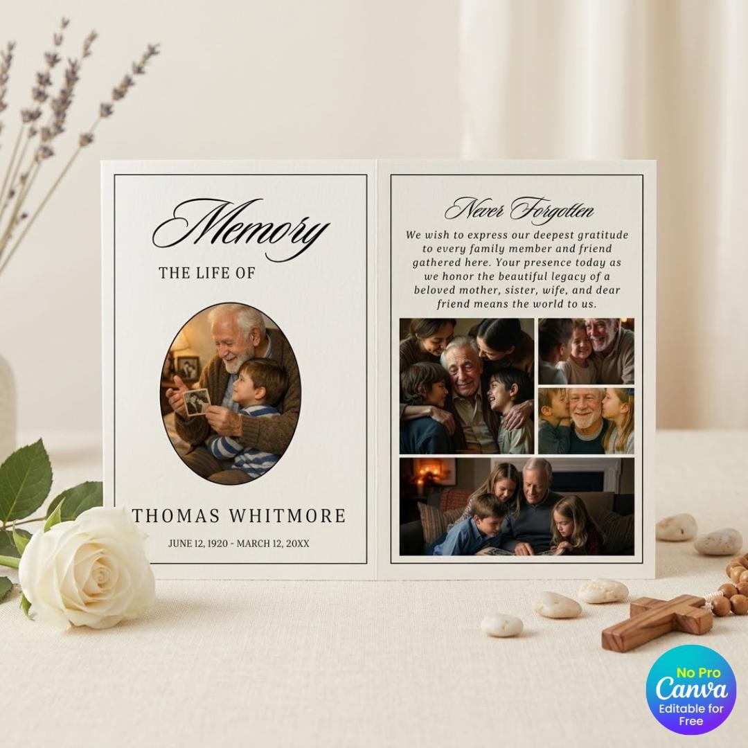 Elegant Funeral Program Canva Template, Obituary Memorial, Celebration ...