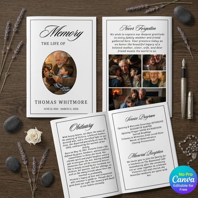 Elegant Funeral Program Canva Template, Obituary Memorial, Celebration ...