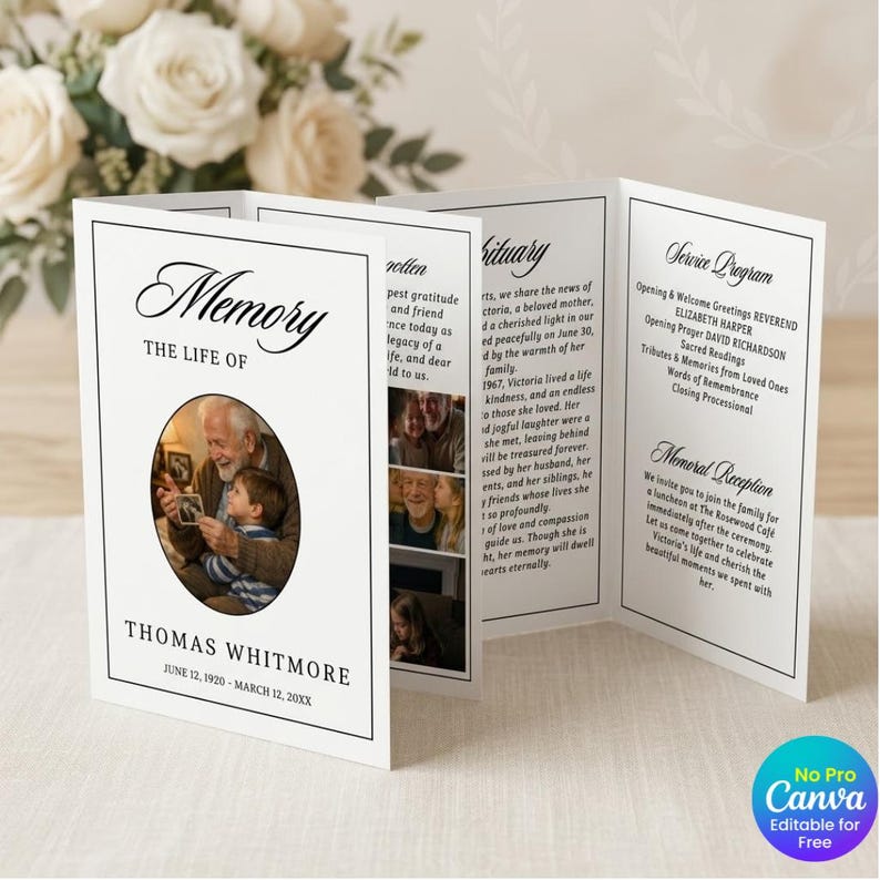 Elegant Funeral Program Canva Template, Obituary Memorial, Celebration ...