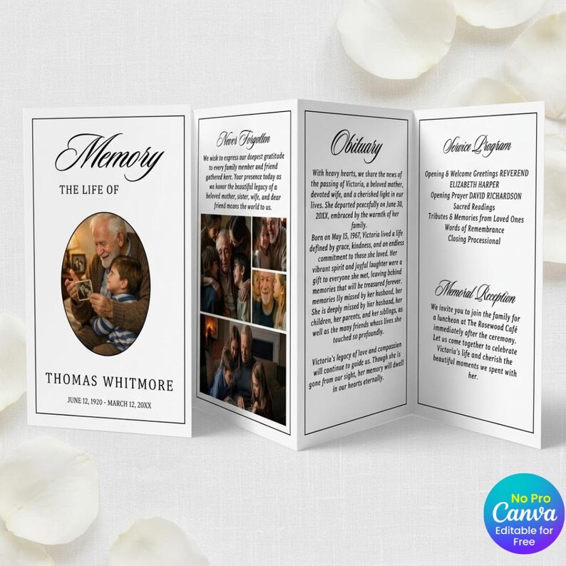 Elegant Funeral Program Canva Template, Obituary Memorial, Celebration ...