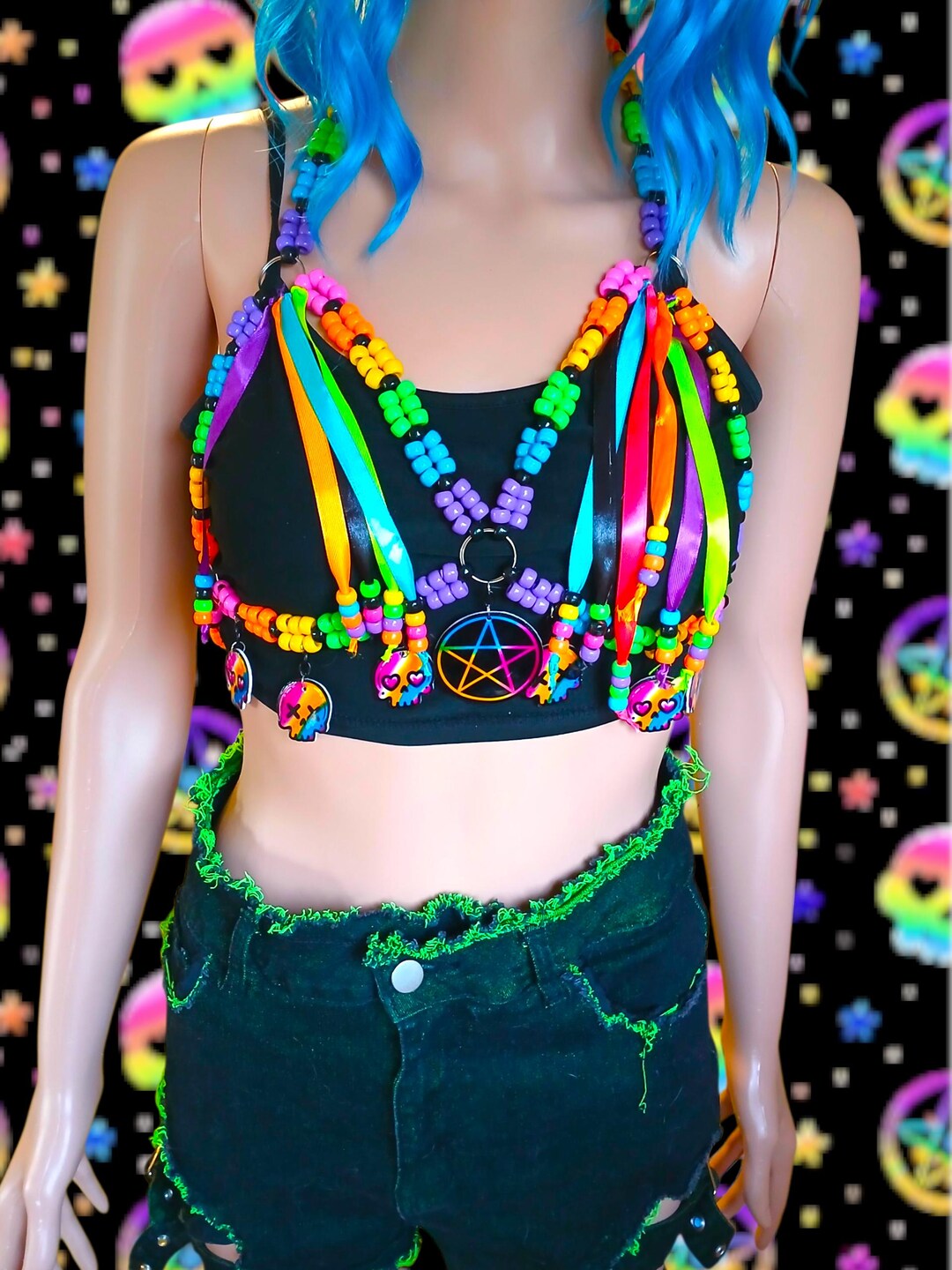 Rainbow Goth Neon Rave Kandi Chest Harness - Rave Wear Accessory - Etsy