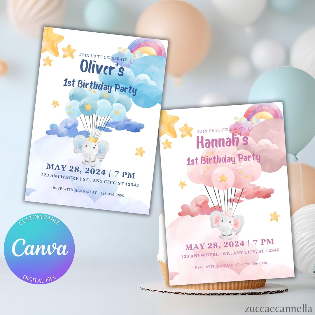 Watercolor Elephant Birthday Invitation: Pink or Blue, Editable Canva ...