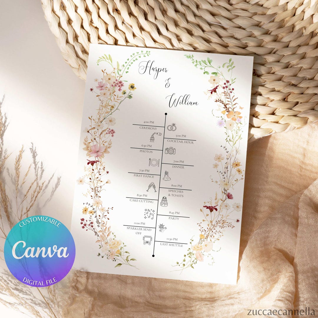 Boho Wedding Timeline Card Template | Wedding Program | Rustic ...