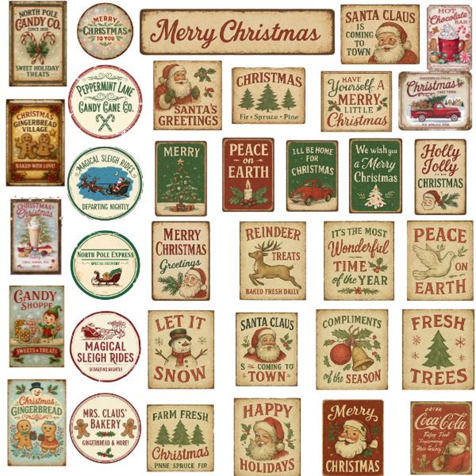 Vintage Christmas Signs Fussy Cuts, Stickers - Printable Festive ...