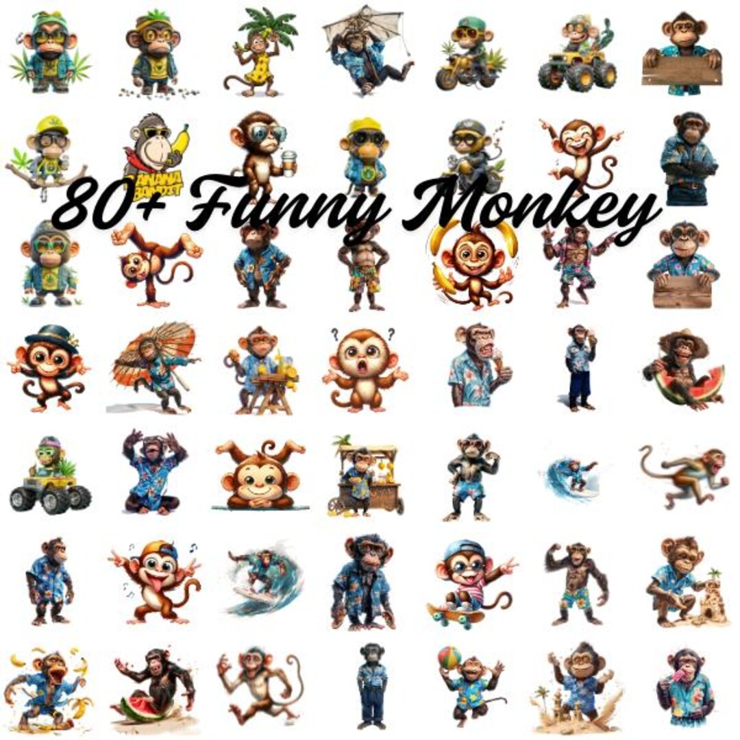 Cute and Funny Monkey Clipart Bundle 80 PNG Designs | Transparent ...