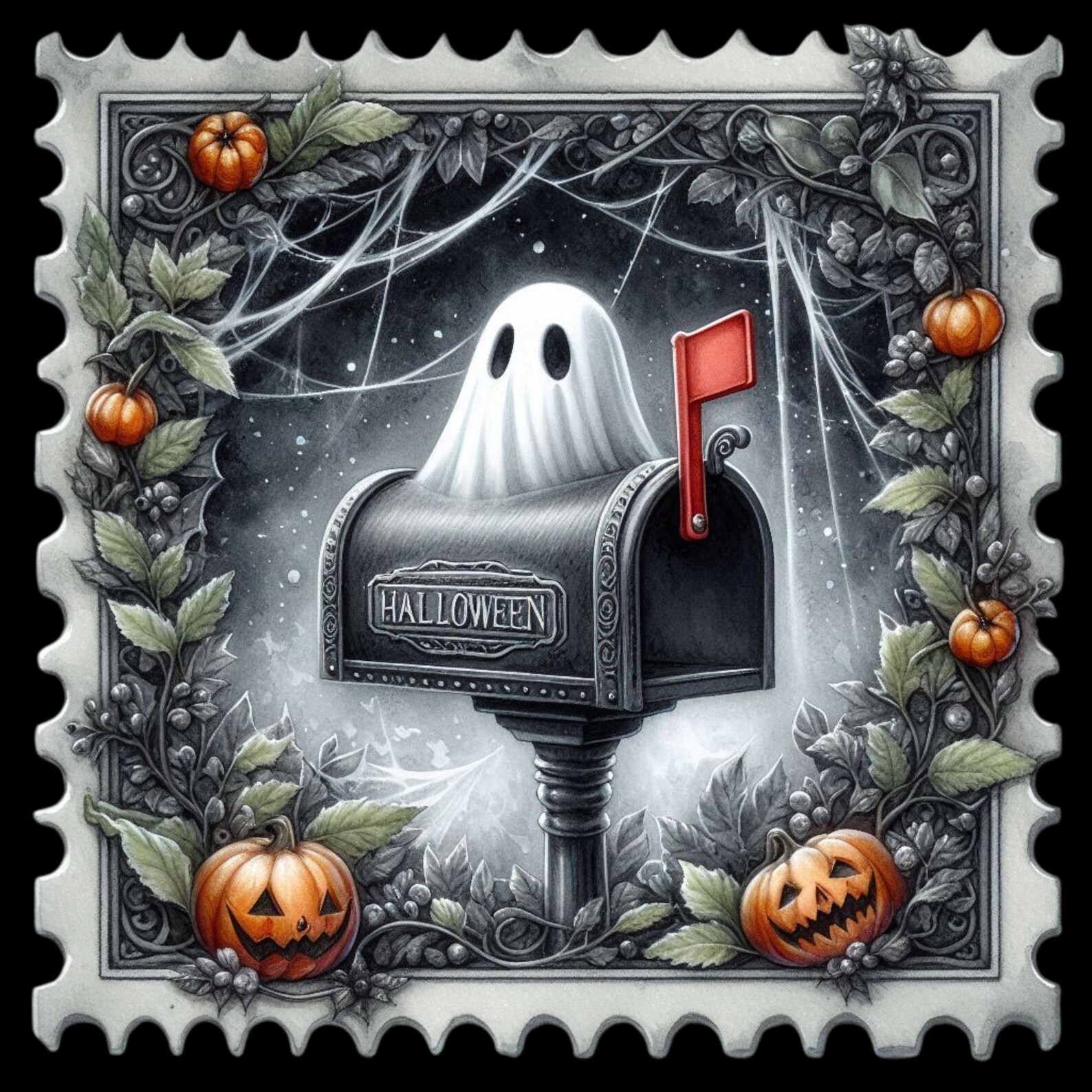 Halloween Cute Postage Stamp Ghost Png, Girly Halloween Png, Fall Png ...
