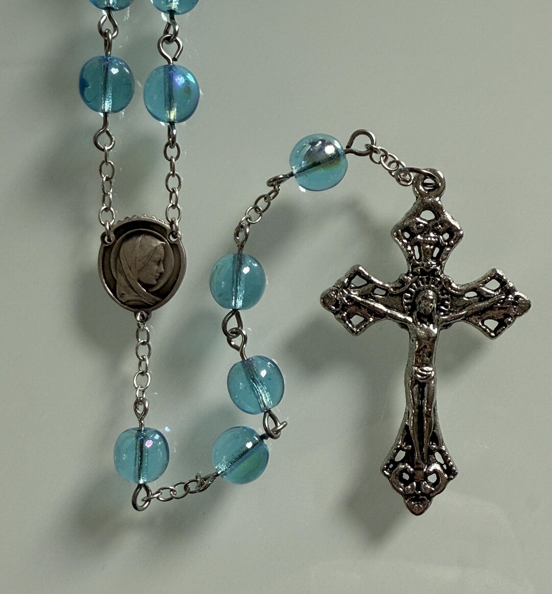 Light Blue and Silver Beaded Rosary - Prayer Beads - Silver Toned ...