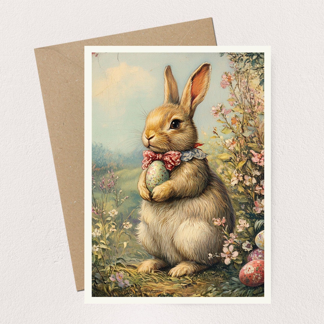 Vintage Easter Bunny Greeting Card, Handmade Spring Card With Rabbit ...