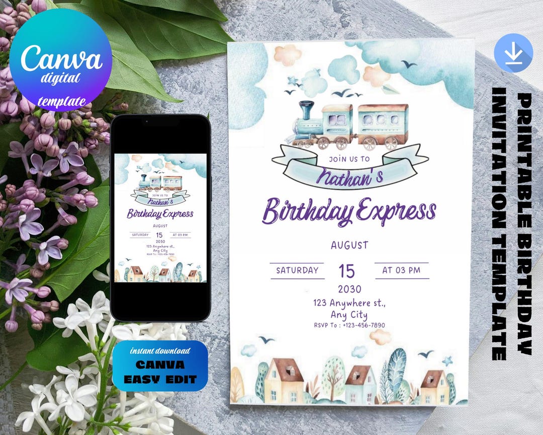 Editable Train Birthday Invitation: Watercolor Design (instant Download ...