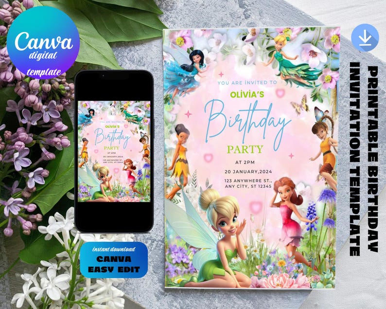 Editable Tinkerbell Birthday Invitation, Fairy Party Invite (digital ...