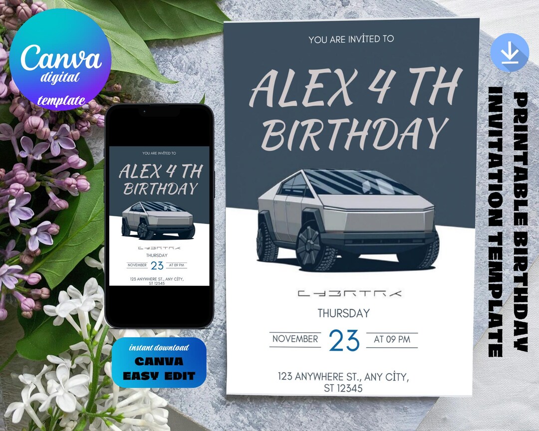 Editable Cybertruck Inspired Birthday Invitation | Boys Birthday ...
