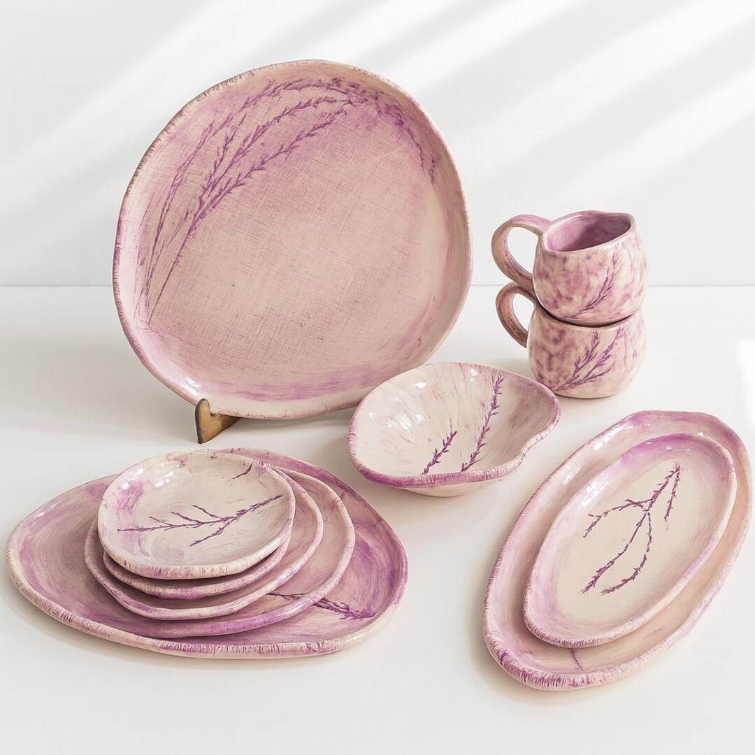 Handmade Ceramic Dinnerware Set – Lilac Botanical Imprint, 11 Piece - Etsy