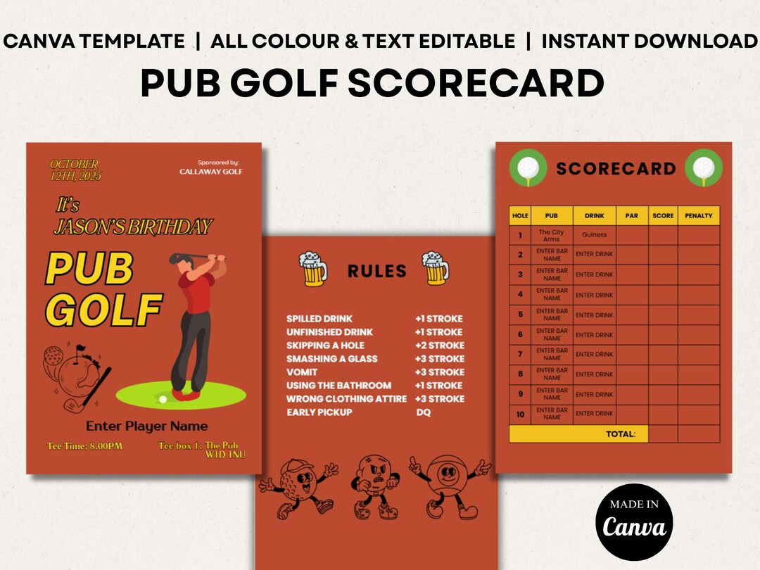 Pub Golf Crawl Scorecard | Editable Canva Templates | Printable Pub ...