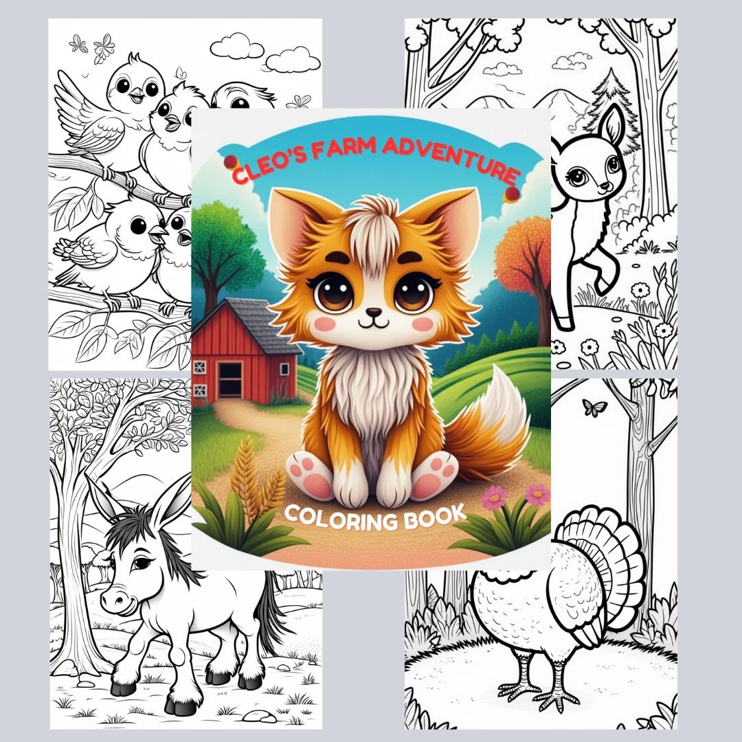 Coloring Book, Cleo’s Farm Adventure , Cute Kitty, 20 Digital Coloring ...