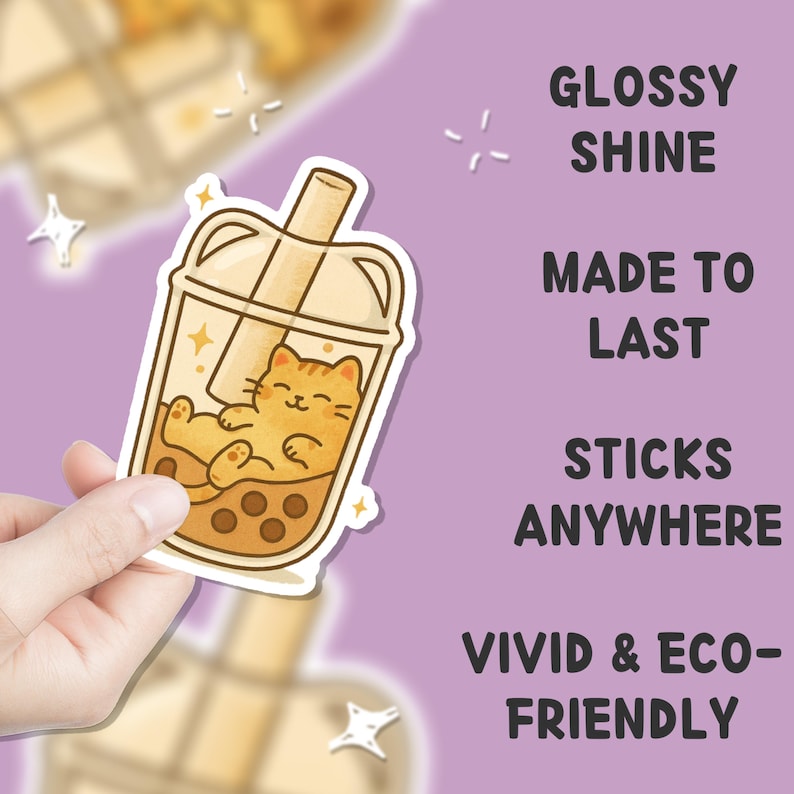Boba Cat Sticker – Cute Bubble Tea Kitty Vinyl Decal for Boba & Cat ...