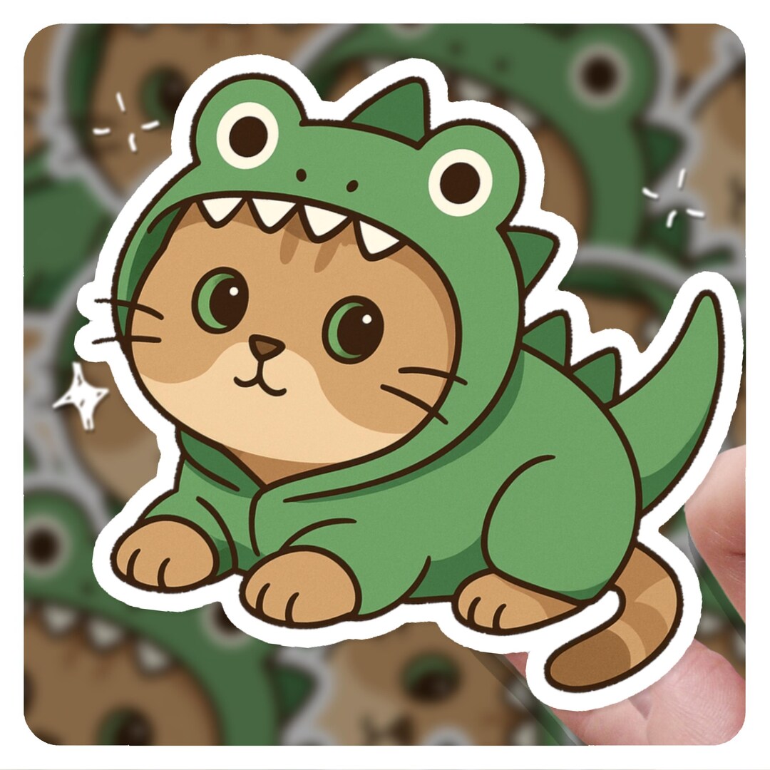 Dino Cat Sticker – Cute Kawaii Cat in Dinosaur Costume – Funny Vinyl ...