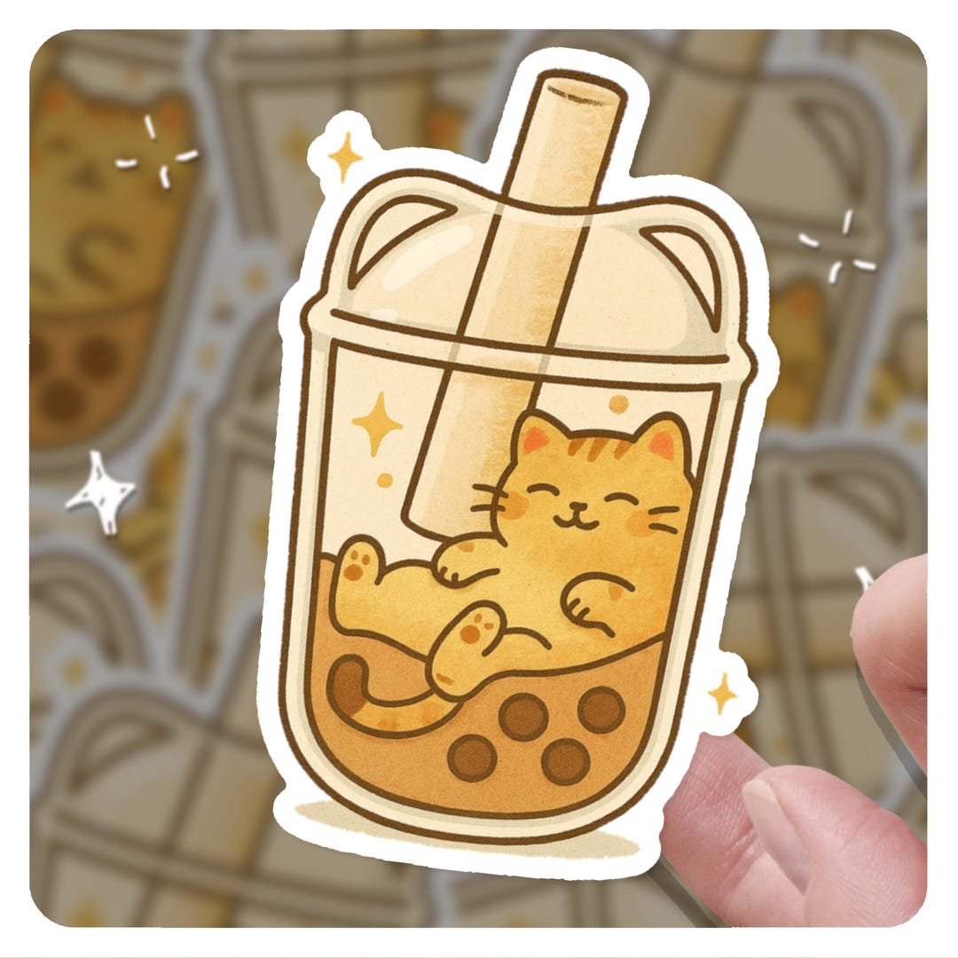 Boba Cat Sticker – Cute Bubble Tea Kitty Vinyl Decal for Boba & Cat ...