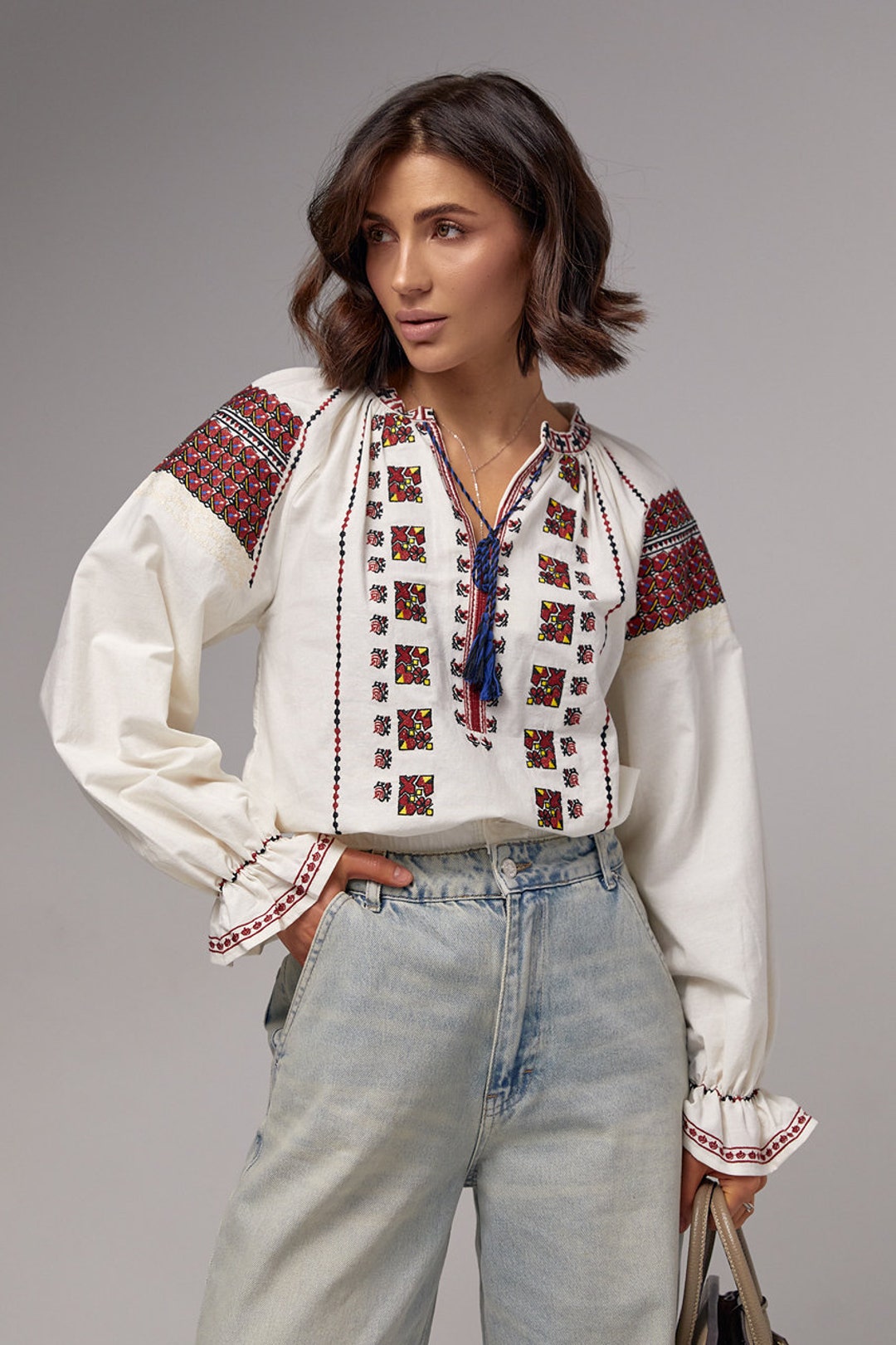 Feminine Ukrainian Vyshyvanka Blouse With Red and Black Embroidery and ...