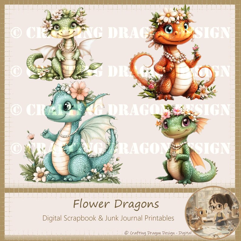 Floral Dragon Clipart, Png, Digital, Dragon, Dragons, Pearls, Flowers ...