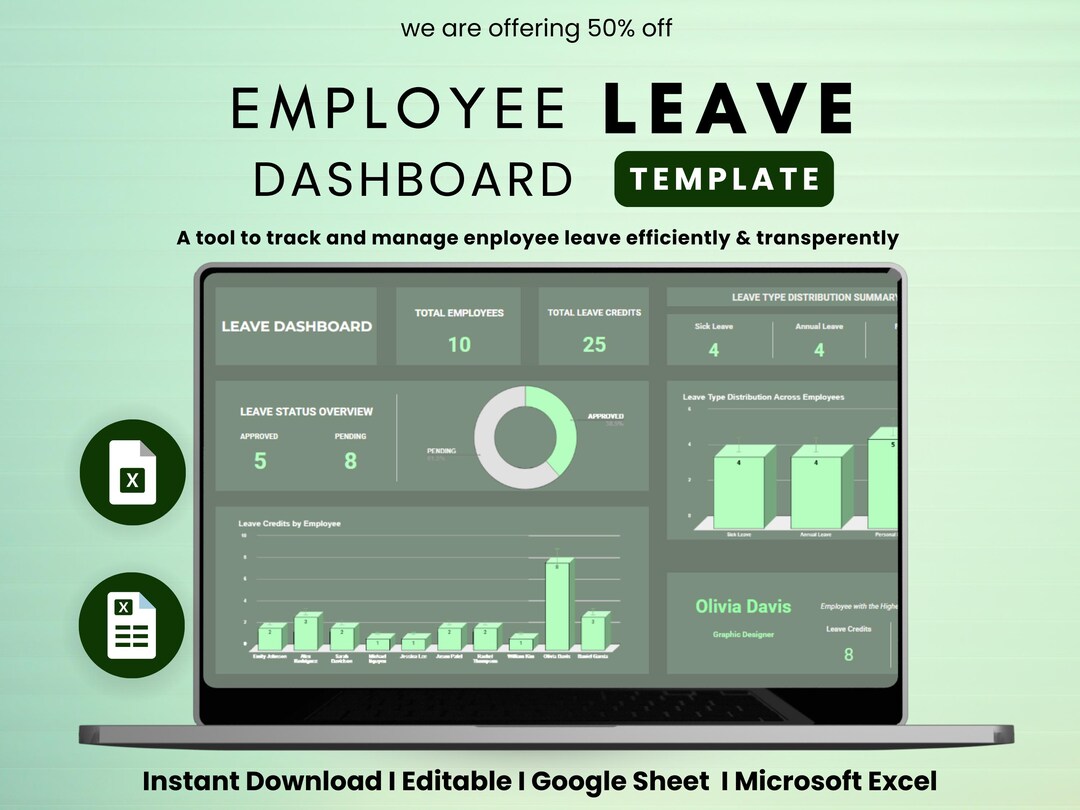 Leave Dashboard Excel & Google Sheets | Employee Leaves Tracker | Leave ...