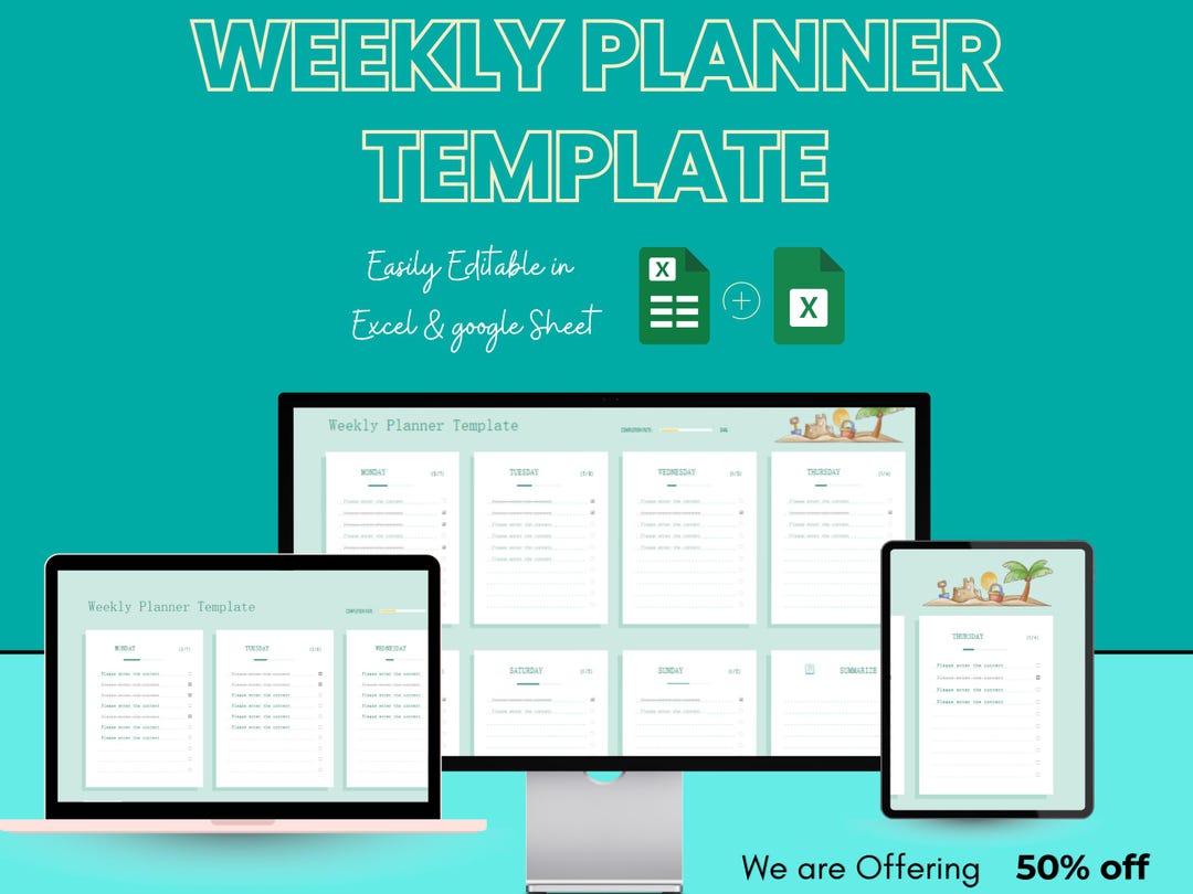 Editable Weekly Planner | Excel Spreadsheet | Google Sheets Template ...