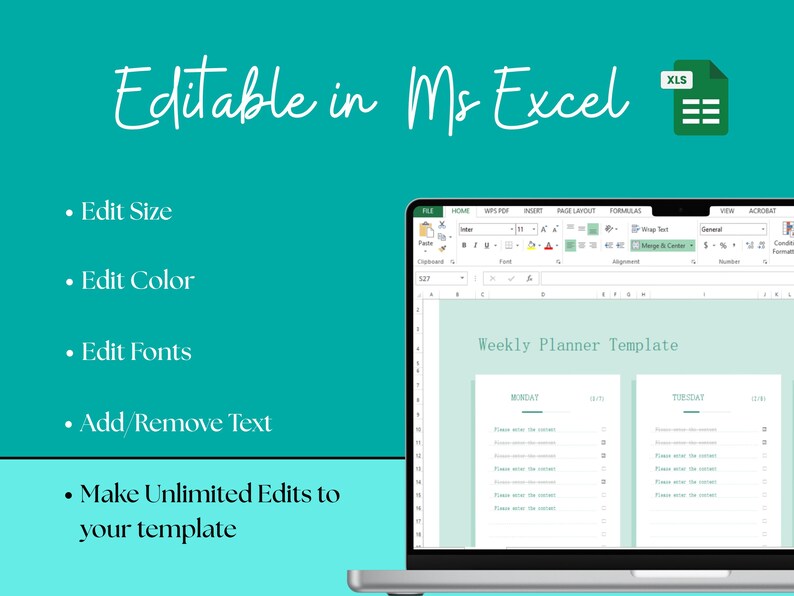 Editable Weekly Planner | Excel Spreadsheet | Google Sheets Template ...