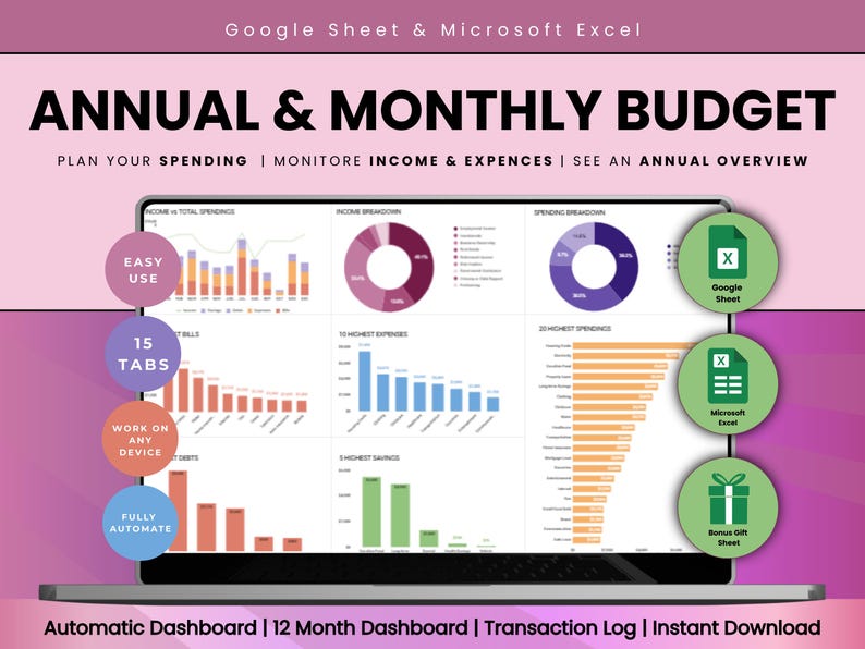 Annual Budget Spreadsheet | Google Sheets & Excel Monthly Budget ...