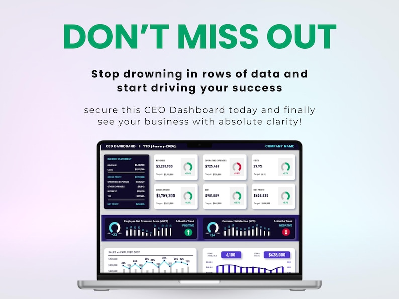 CEO Dashboard Excel Template | Business Financial KPI Tracker | Revenue ...