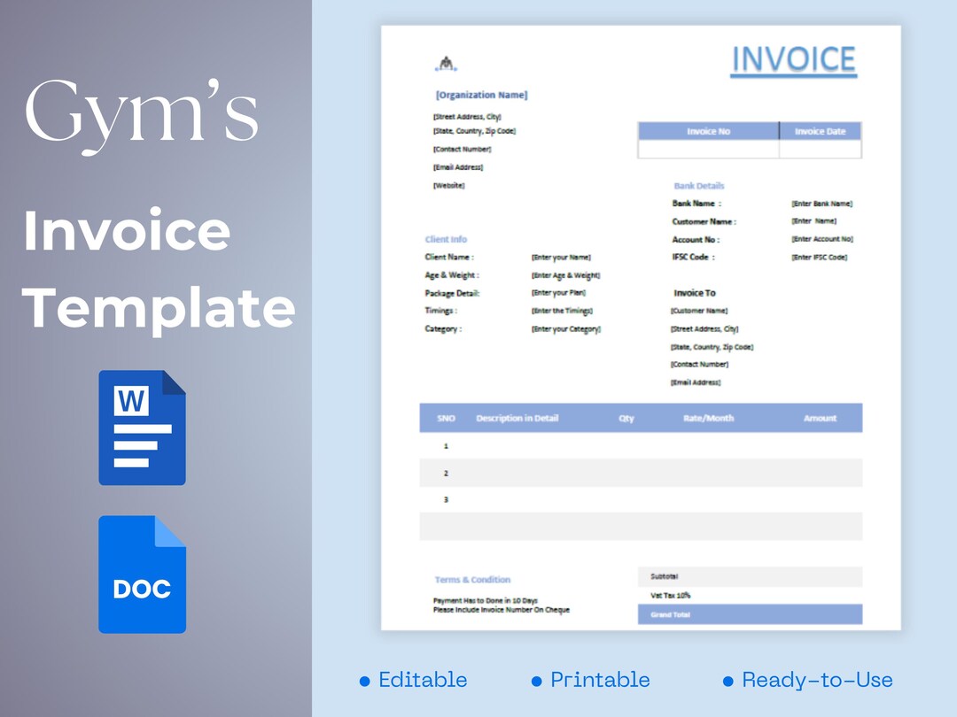 Editable Gym Invoice Template | Word & Google Docs | Fitness Billing ...