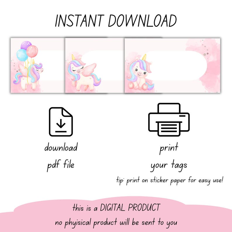 Unicorn Name Tags: Pink Watercolor Labels for Girls (printable PDF ...