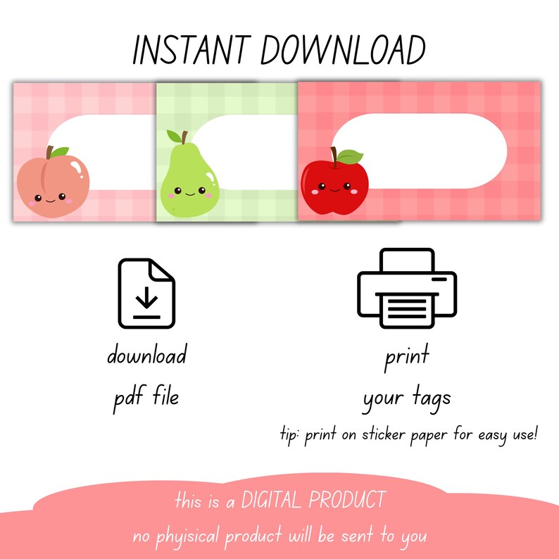 Printable Fruit Labels, Kawaii Theme, Kids Party, School, Instant ...