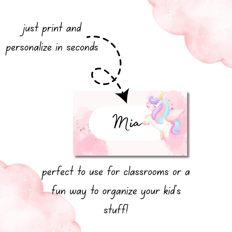 Unicorn Name Tags: Pink Watercolor Labels for Girls (printable PDF ...