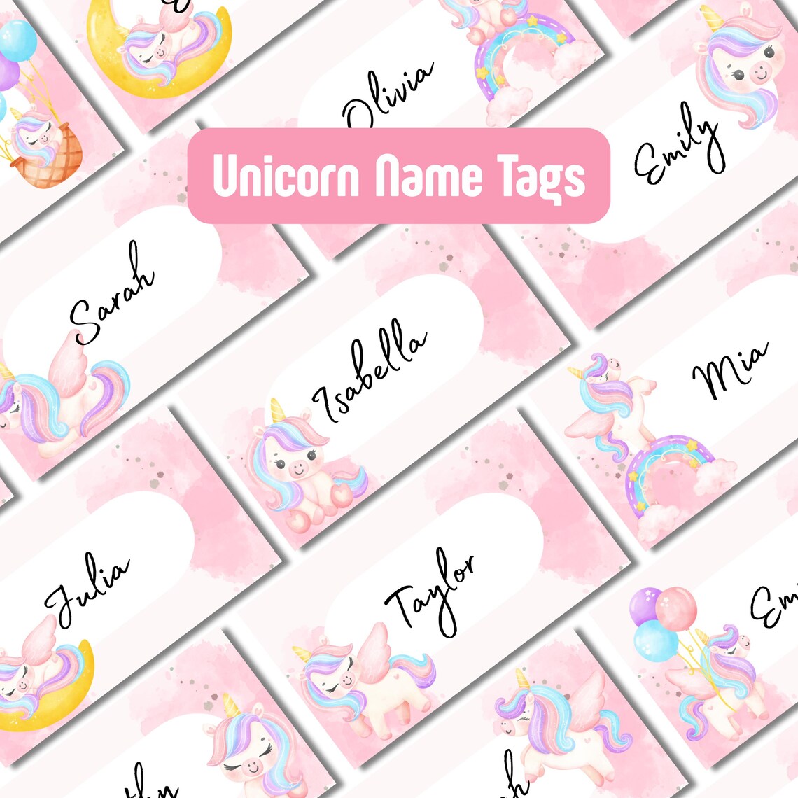 Unicorn Name Tags: Pink Watercolor Labels for Girls (printable PDF ...