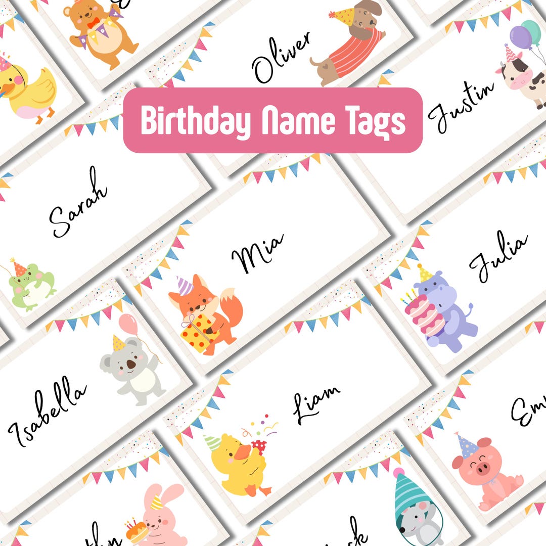 Birthday Name Tags Printable | 12 Cute Animal Party Tags | Editable ...