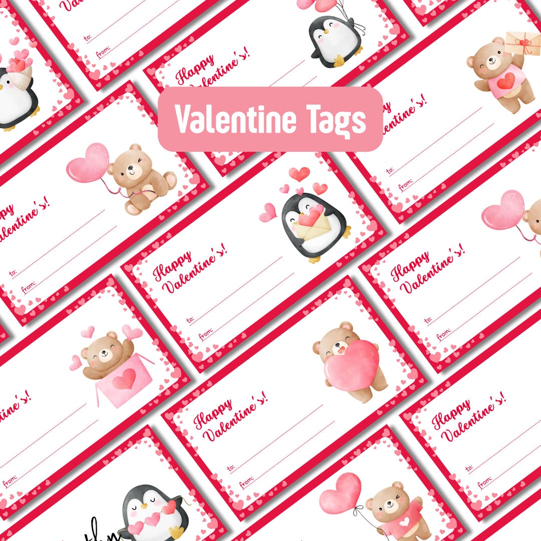 Printable Valentine Tags for Kids | Cute Bear & Penguin Valentine Gift ...