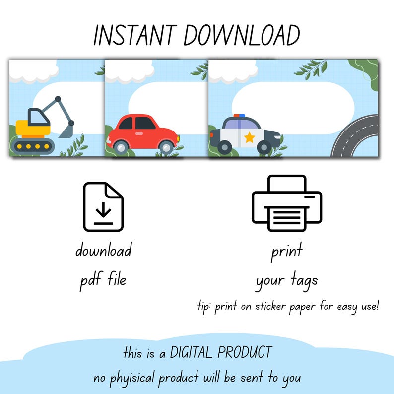 Printable Car Name Tags for Kids | 12 Vehicle-themed Name Tags for ...
