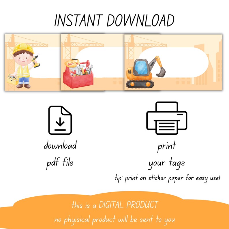 Construction Truck Name Tags: Printable Builder Party Favors (digital ...