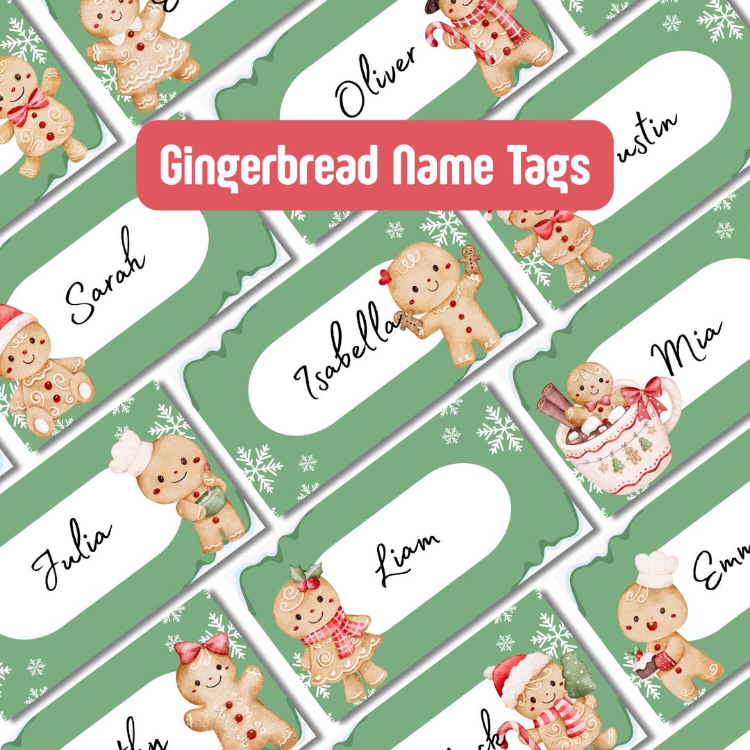 Printable Gingerbread Christmas Gift Tags | 12 Holiday Name Place Cards ...