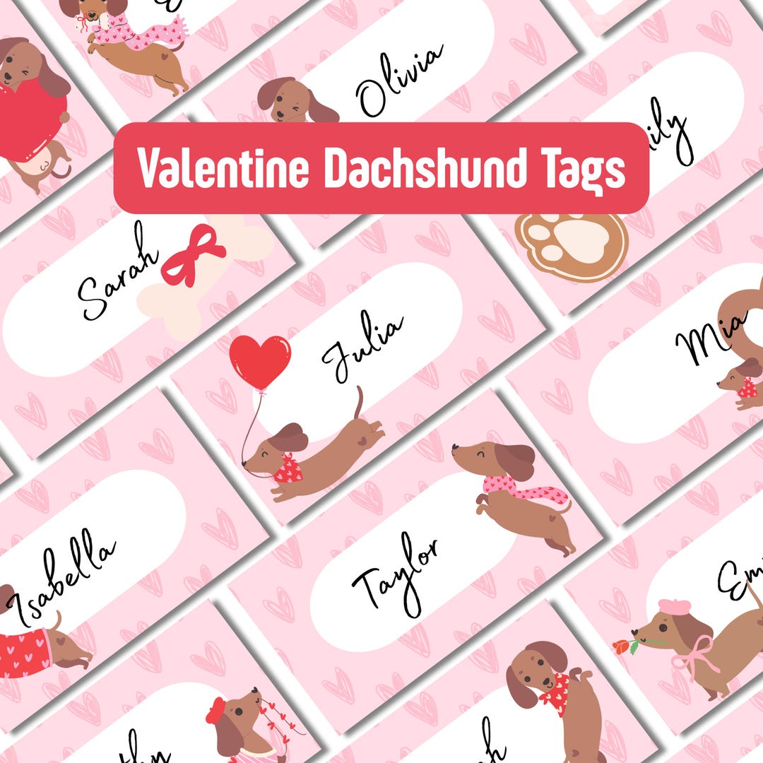 Valentine Dachshund Name Tags | Editable School Labels (canva Template ...
