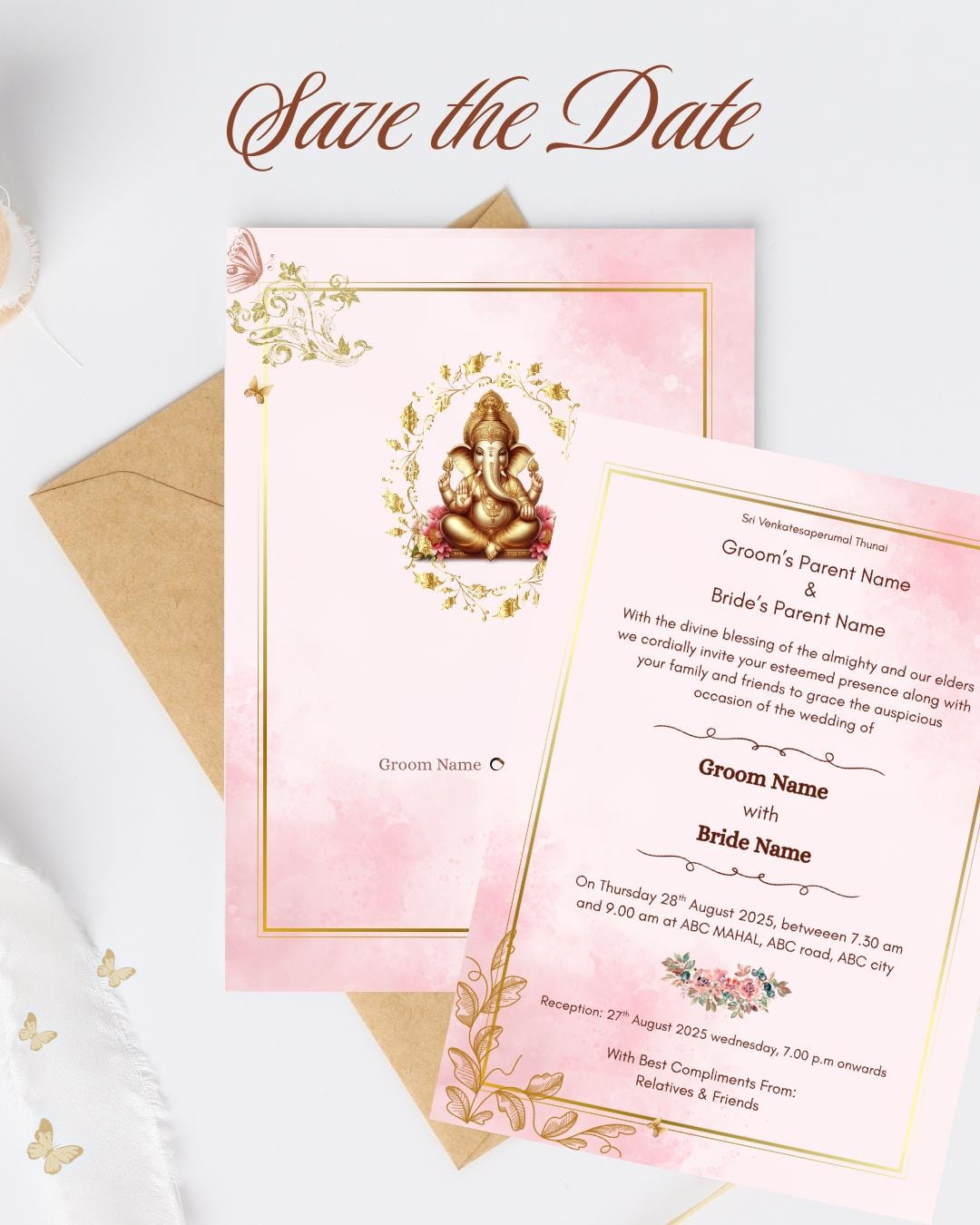 Editable Ganesh Wedding Invitation | Hindu Marriage Template | Pink ...