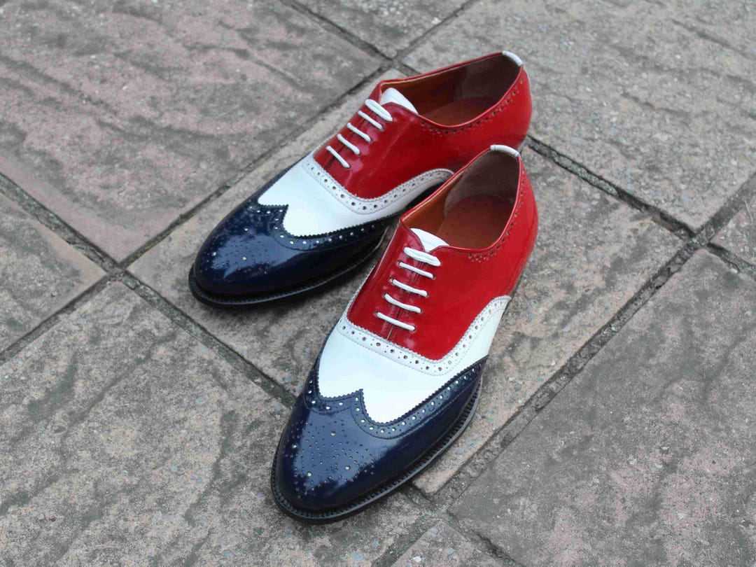 Handmade Men's Blue White and Red Color Shoes Men Formal Leather Lace ...