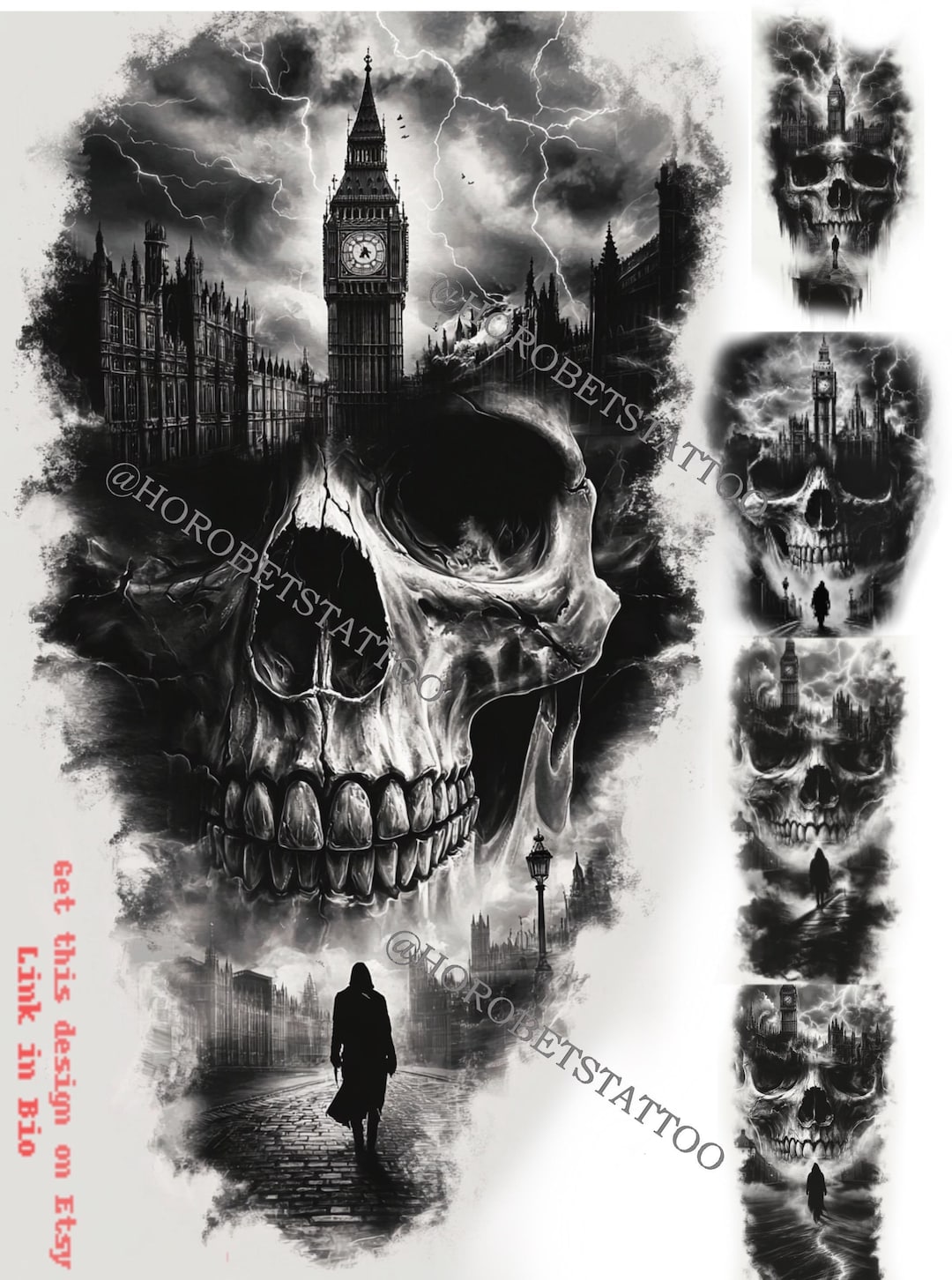 Dark Gothic Skull and Big Ben Tattoo Design Set – High-quality Black ...