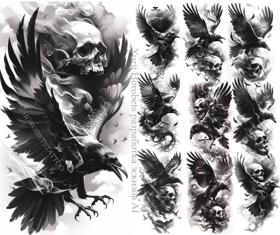 9 Designs. Realistic Raven and Skull Design With Smoke in Motion ...