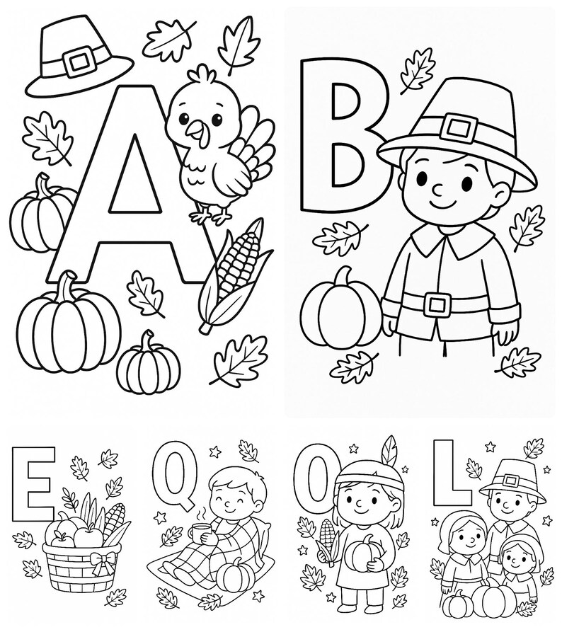 Thanksgiving Alphabet Coloring Pages A-Z | Cute Fall Printable Coloring ...