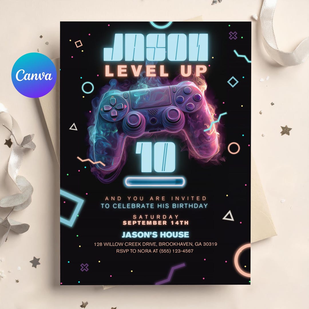 Video Game Birthday Party Invitation, Editable Neon Gamer Level up ...