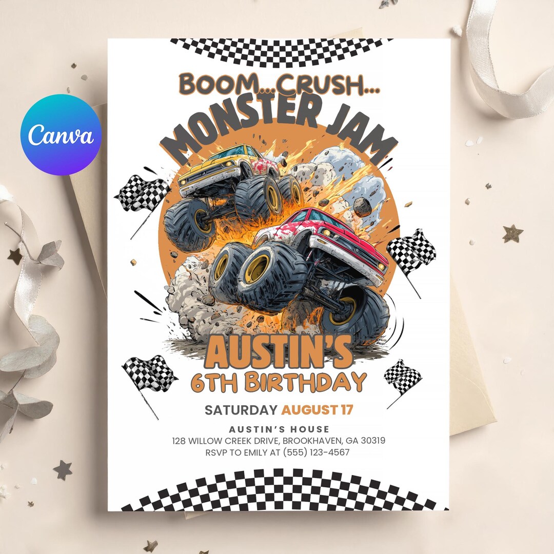 Invitación de cumpleaños de Monster Jam, invitación editable para ...