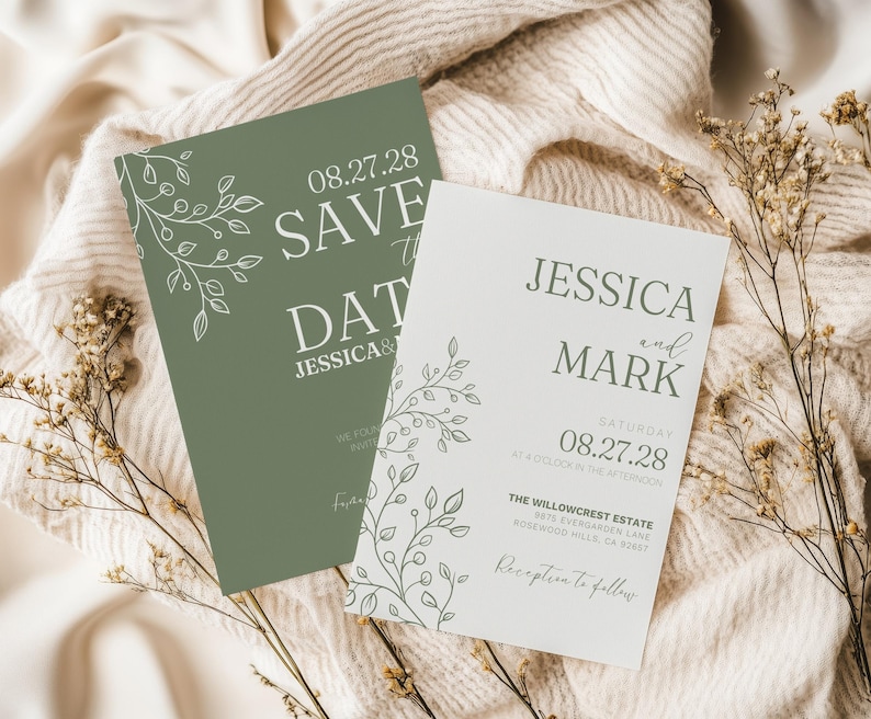 Sage Green Wedding Invitation Set, Minimalist Wedding Invite Bundle With RSVP, Printable ...