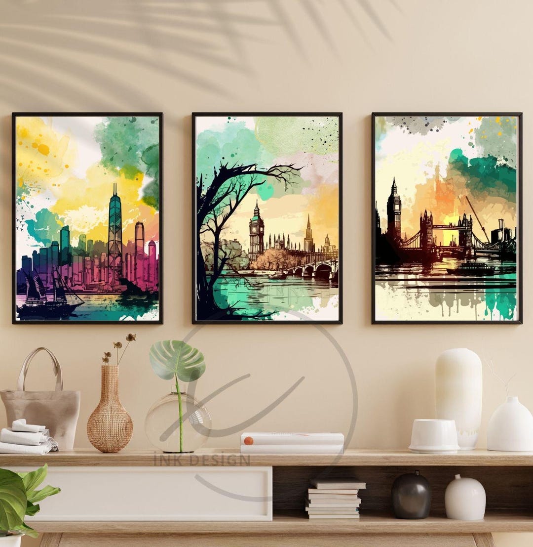 Cityscape Wall Art, Skyline Print Set, Watercolor City Poster, Urban ...