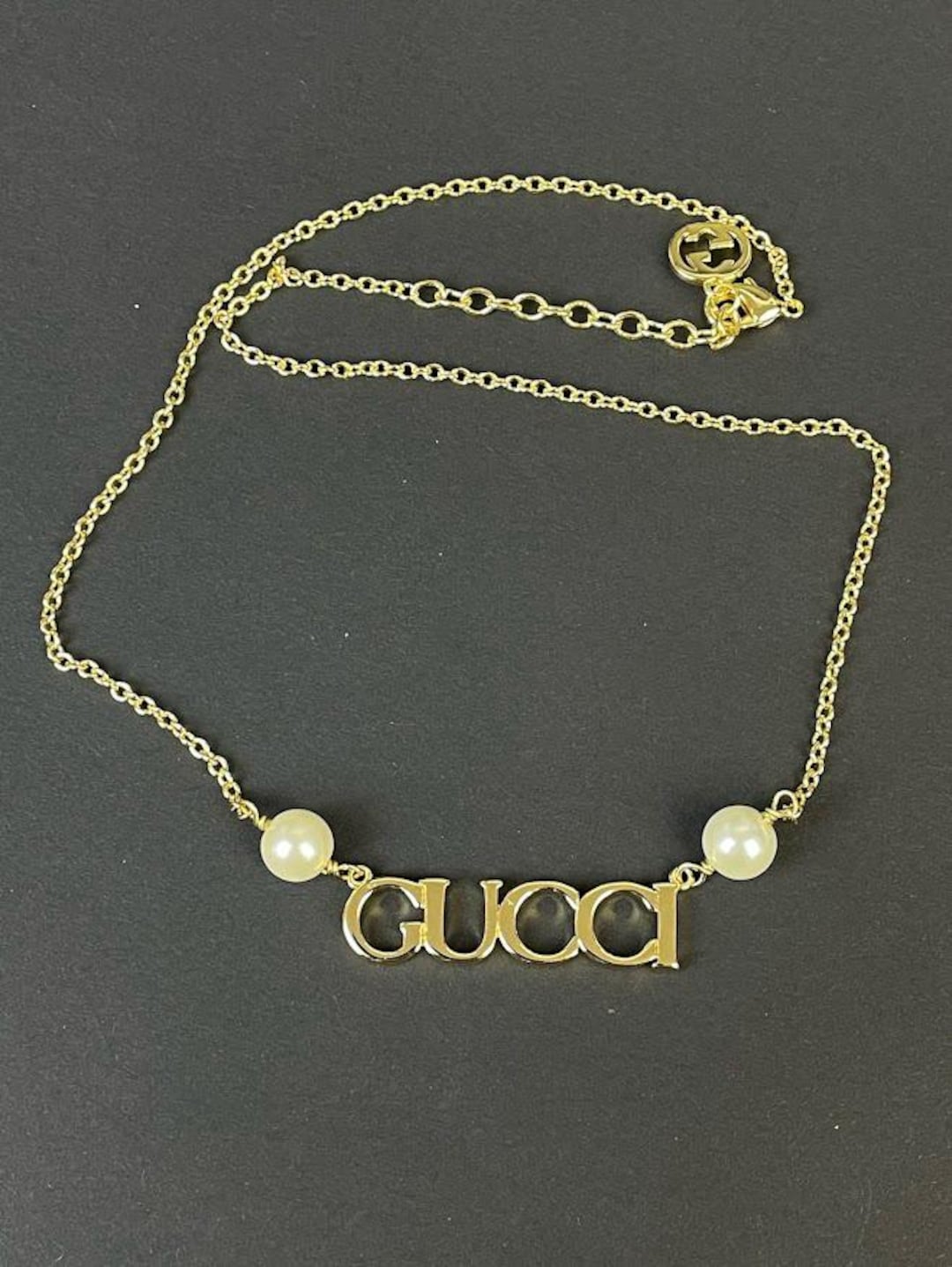 Gucci Gold pearl Accents Gucci Logo Pendant Necklace - Etsy