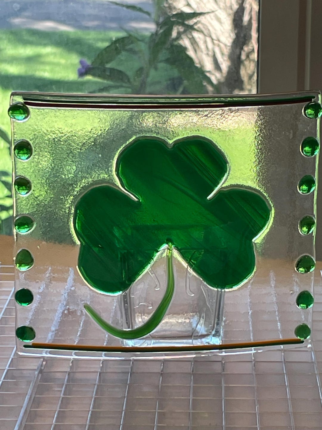 Fused Glass Green SHAMROCK Candle Holder Clover Suncatcher Gift St ...